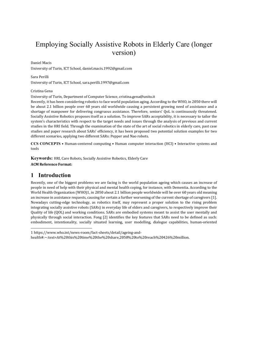 Employing Socially Assistive Robots in Elderly Care (longer version) | DeepAI