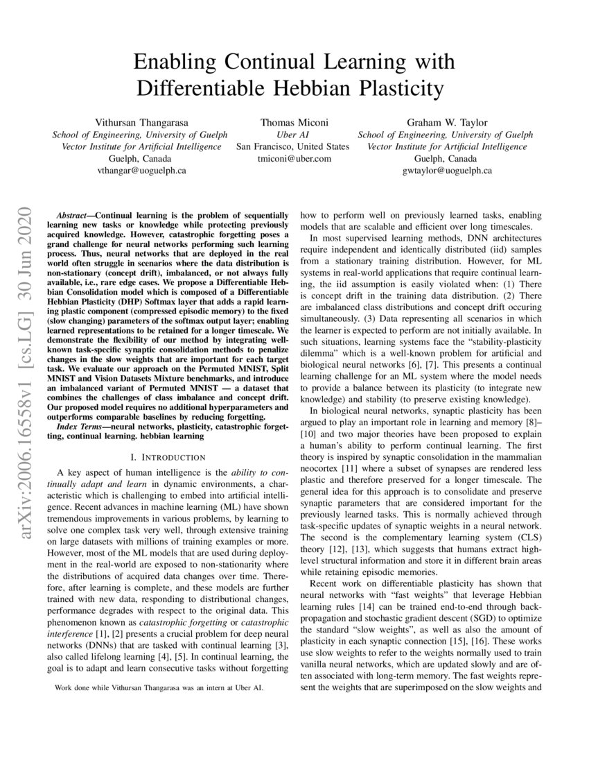 Enabling Continual Learning with Differentiable Hebbian Plasticity | DeepAI Enabling Continual Learning with Differentiable Hebbian Plasticity | DeepAI