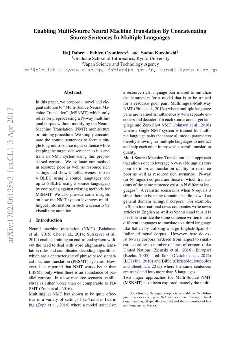 Enabling Multi Source Neural Machine Translation By Concatenating Source Sentences In Multiple 5750