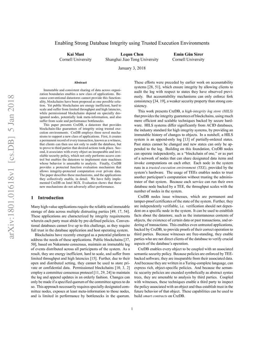 Enabling Strong Database Integrity Using Trusted Execution Environments Deepai 