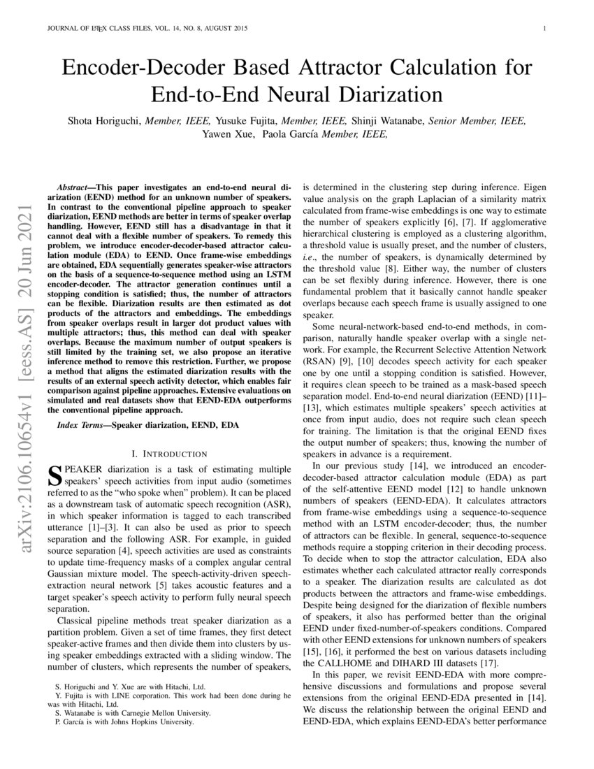 Encoder Decoder Based Attractor Calculation For End To End Neural Diarization Deepai 