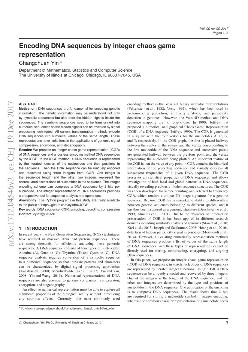 Encoding DNA sequences by integer chaos game representation | DeepAI