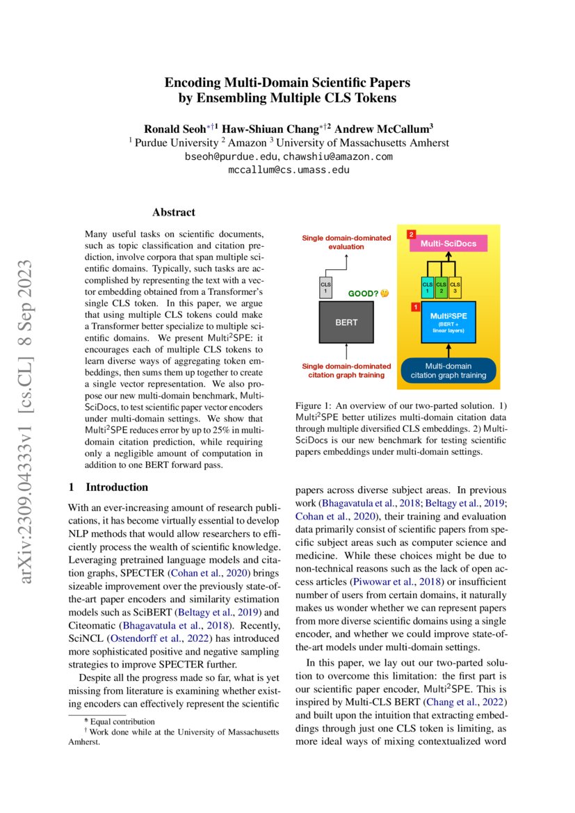 Encoding Multi Domain Scientific Papers By Ensembling Multiple Cls Tokens Deepai