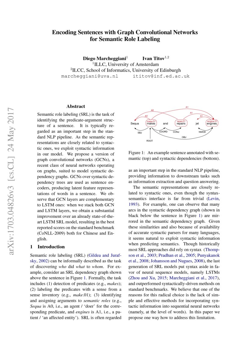 Encoding Sentences With Graph Convolutional Networks For Semantic Role Labeling Deepai