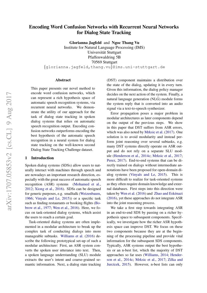 Encoding Word Confusion Networks with Recurrent Neural Networks for Dialog State Tracking | DeepAI