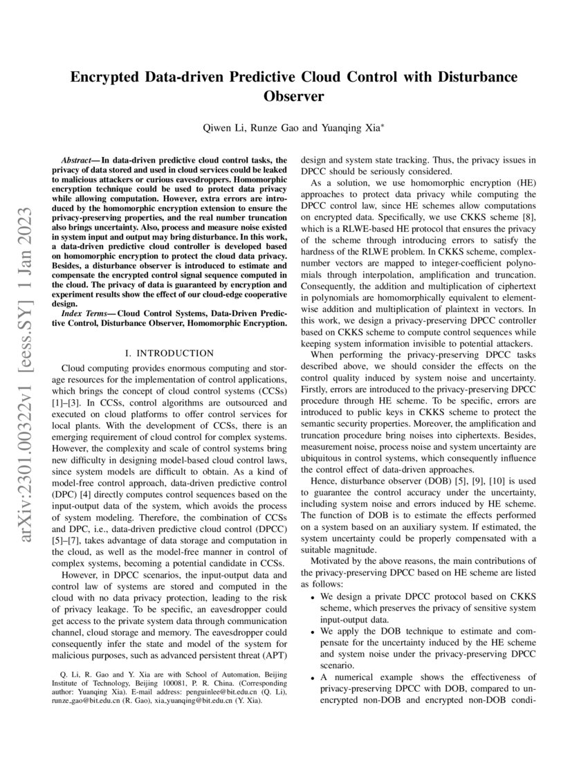 Encrypted Data-driven Predictive Cloud Control with Disturbance ... Encrypted Data-driven Predictive Cloud Control with Disturbance ...
