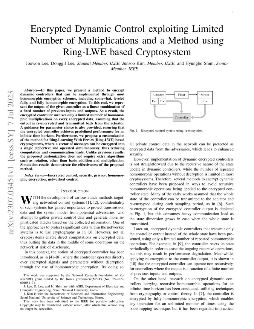 Encrypted Dynamic Control Exploiting Limited Number Of Multiplications And A Method Using Ring