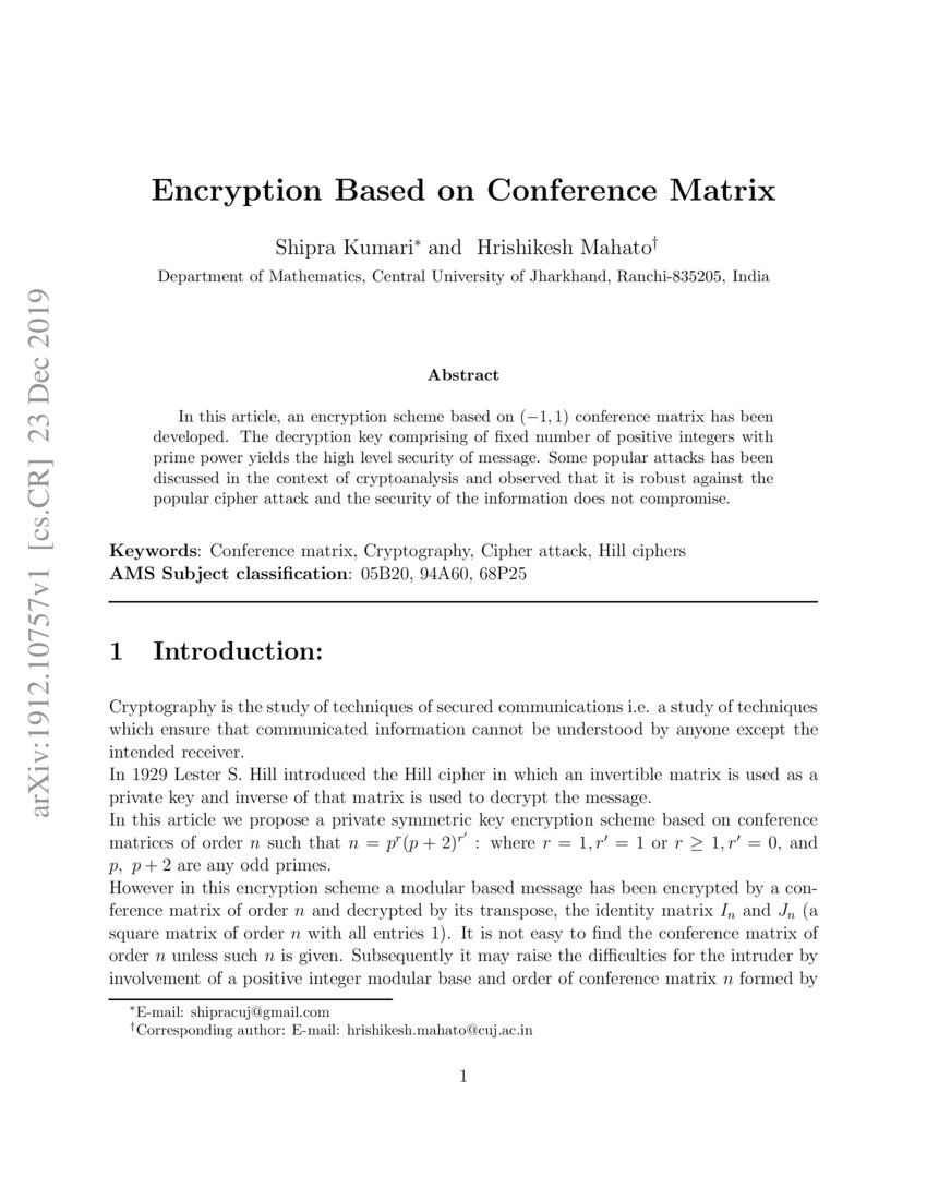 Encryption based on Conference Matrix | DeepAI