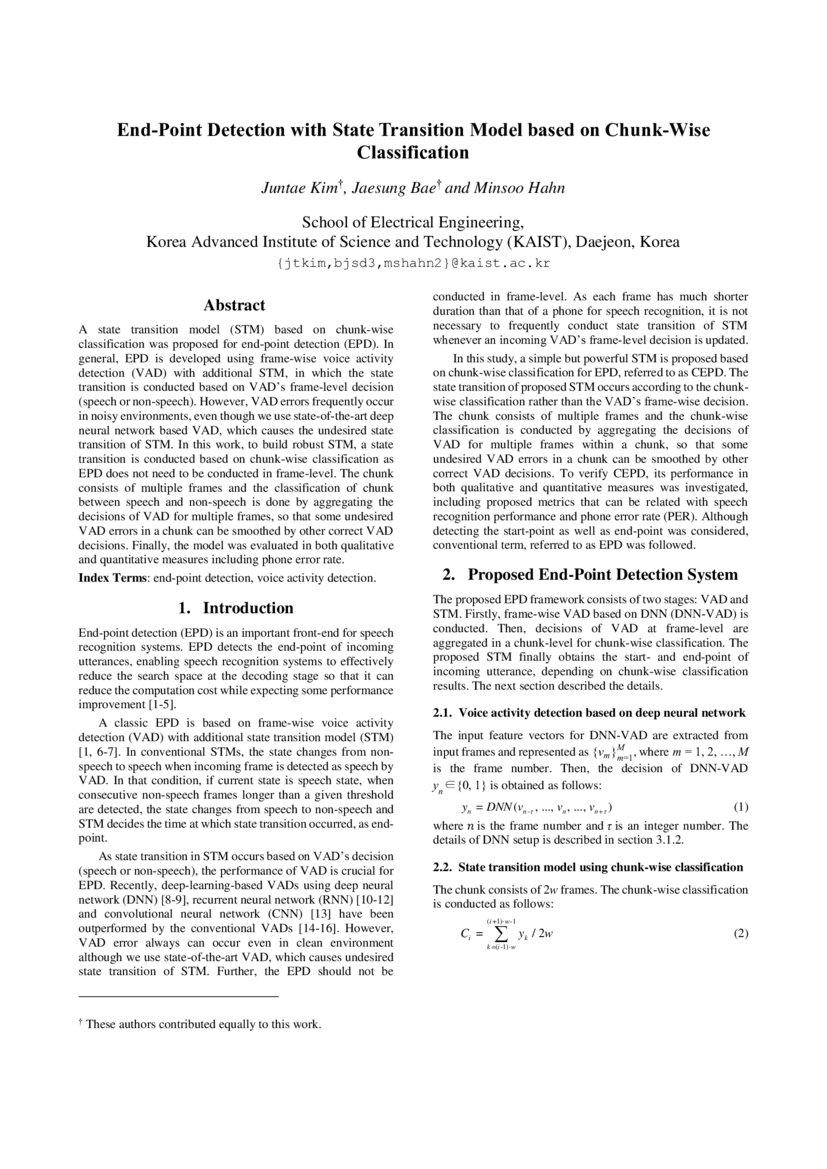 End Point Detection With State Transition Model Based On Chunk Wise Classification Deepai