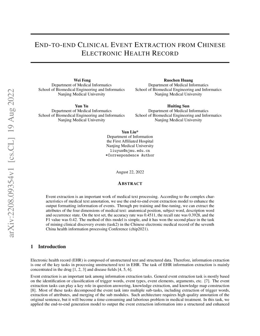 End To End Clinical Event Extraction From Chinese Electronic Health Record Deepai
