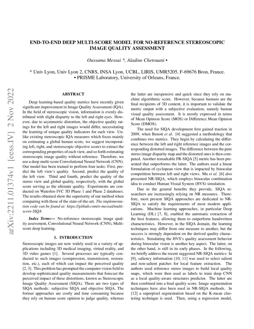 End-to-end deep multi-score model for No-reference stereoscopic image quality assessment | DeepAI