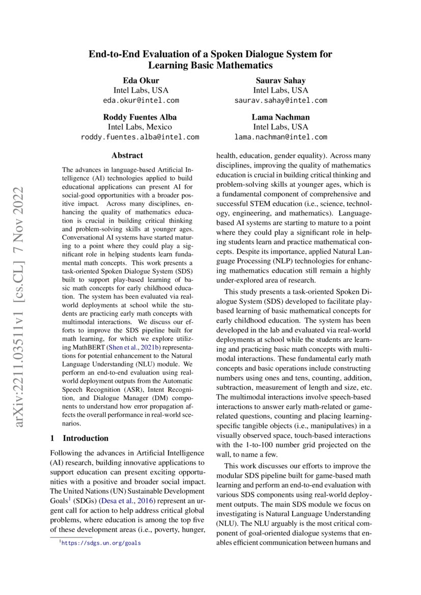 End To End Evaluation Of A Spoken Dialogue System For Learning Basic Mathematics Deepai