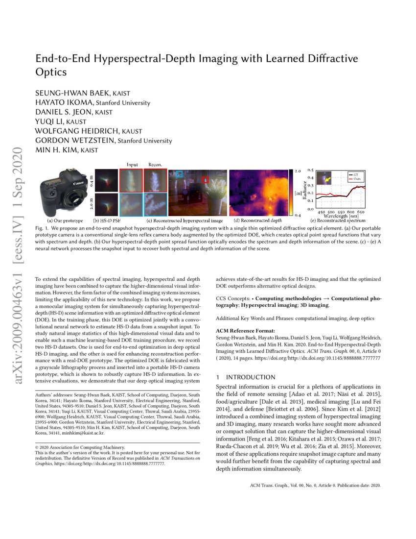 End-to-End Hyperspectral-Depth Imaging with Learned Diffractive Optics | DeepAI