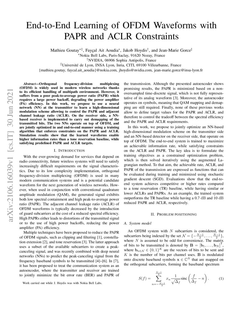 End To End Learning Of Ofdm Waveforms With Papr And Aclr Constraints Deepai