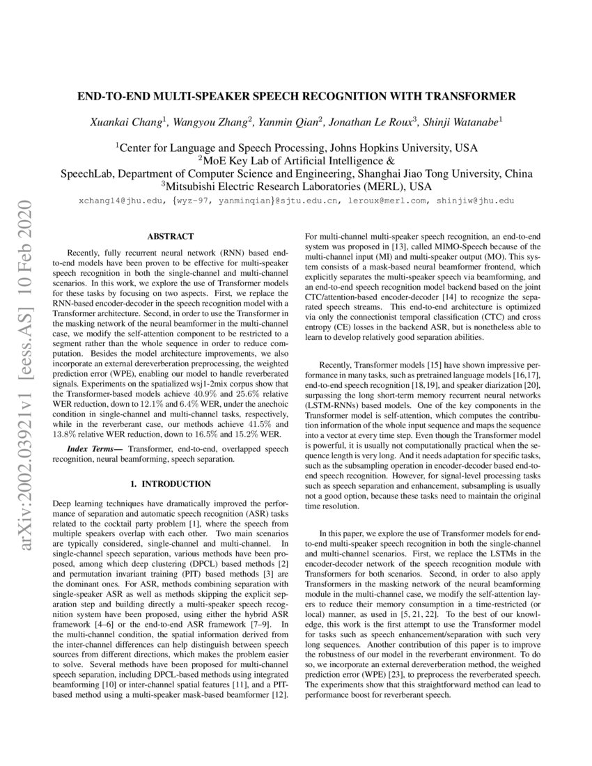 End To End Multi Speaker Speech Recognition With Transformer Deepai