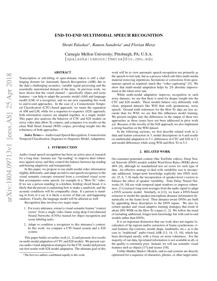 End-to-End Multimodal Speech Recognition | DeepAI
