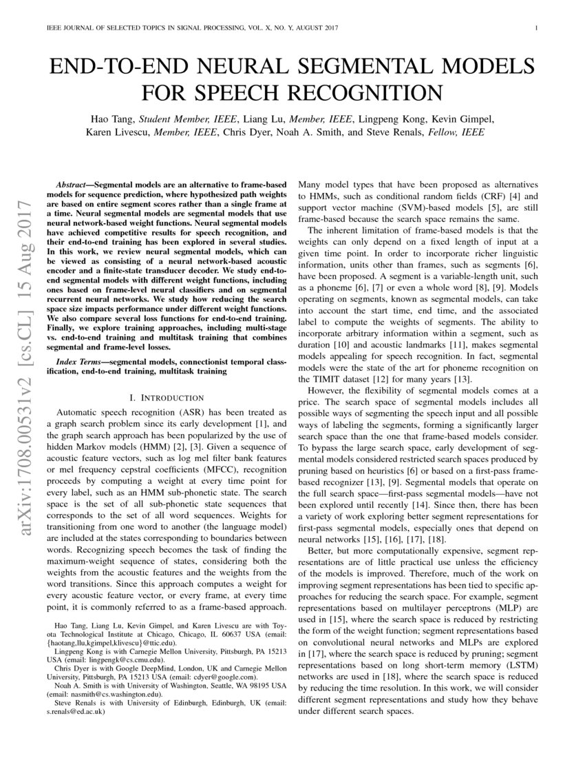 End To End Neural Segmental Models For Speech Recognition Deepai