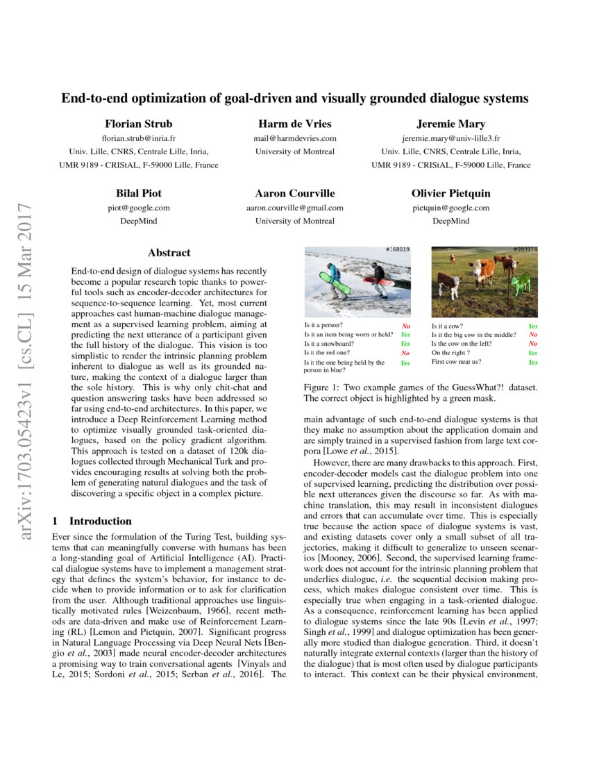 End-to-end optimization of goal-driven and visually grounded dialogue systems | DeepAI