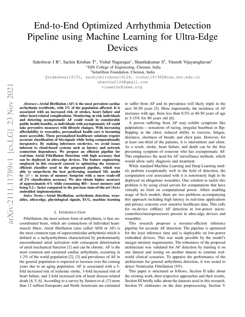 End-to-End Optimized Arrhythmia Detection Pipeline using Machine Learning for Ultra-Edge Devices ...