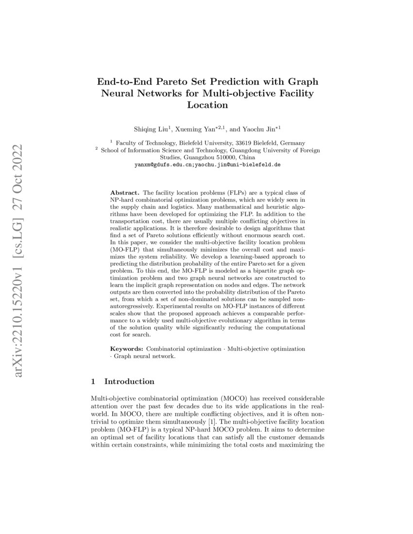 End To End Pareto Set Prediction With Graph Neural Networks For Multi Objective Facility