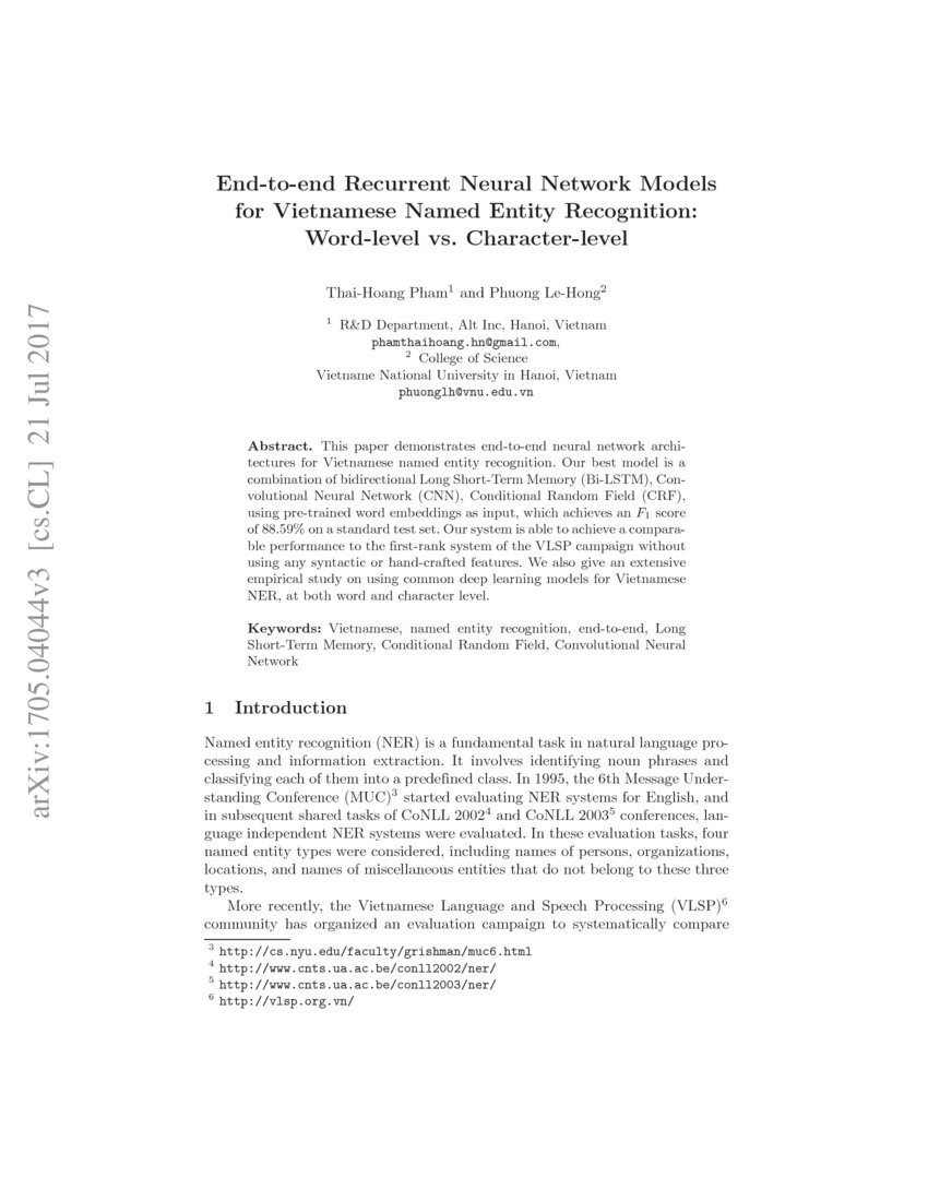 End-to-end Recurrent Neural Network Models for Vietnamese Named Entity Recognition: Word-level ...