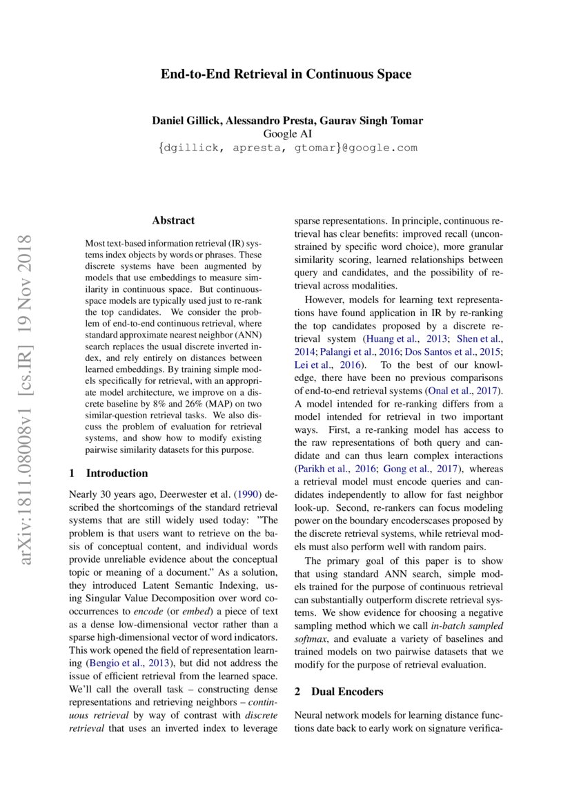 End-to-End Retrieval in Continuous Space | DeepAI