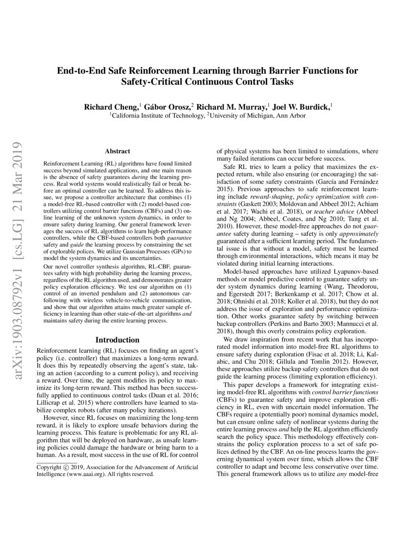 End To End Safe Reinforcement Learning Through Barrier Functions For Safety Critical Continuous 