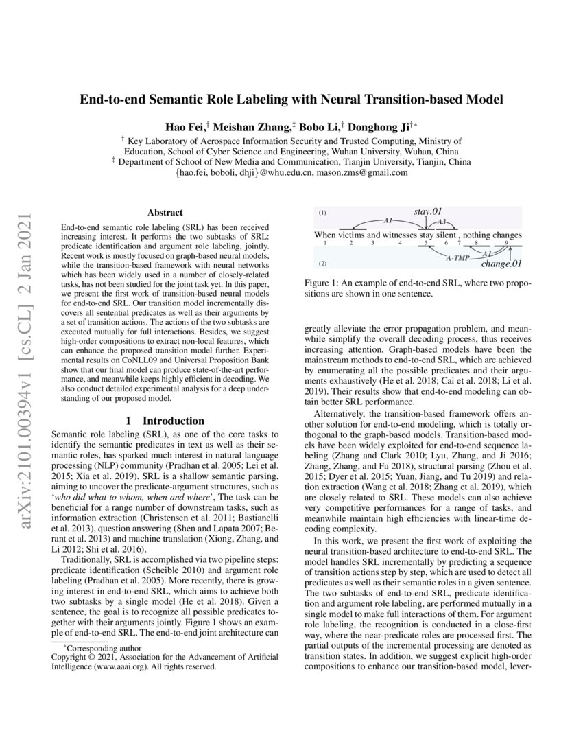 End-to-end Semantic Role Labeling with Neural Transition-based Model | DeepAI
