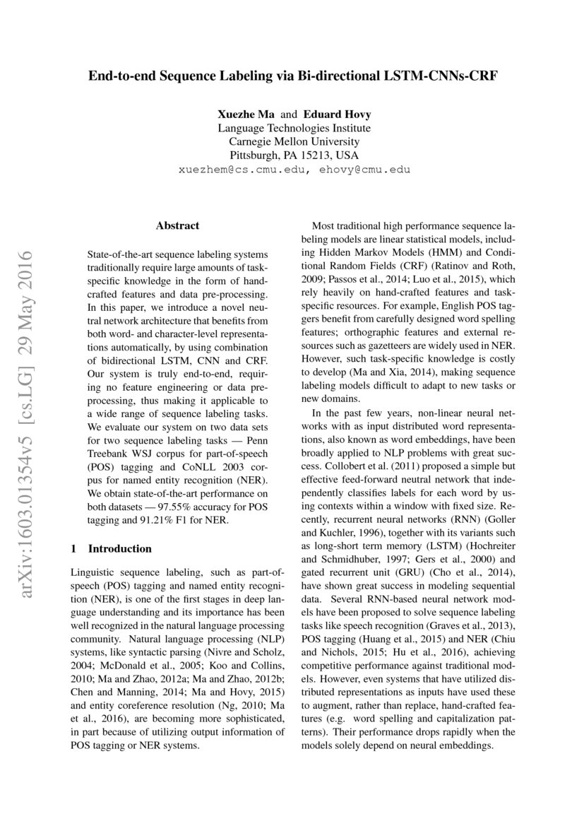 End-to-end Sequence Labeling via Bi-directional LSTM-CNNs-CRF | DeepAI