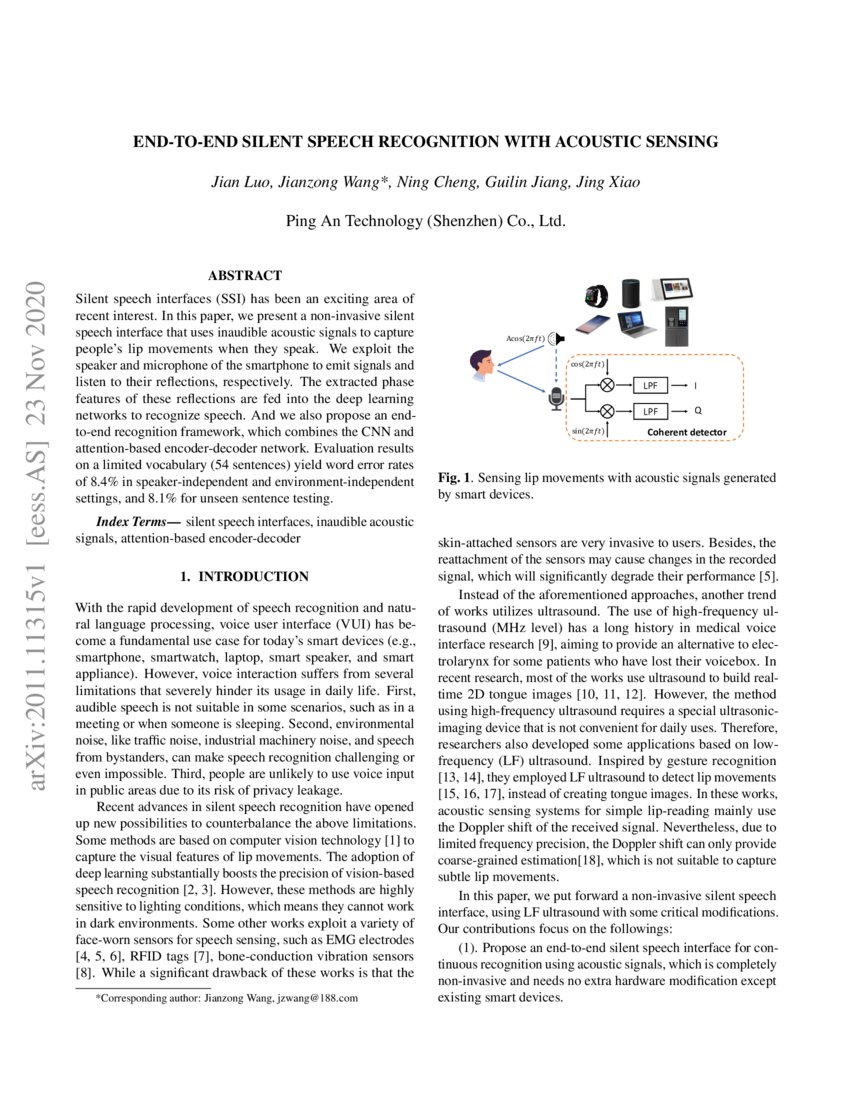 End-to-end Silent Speech Recognition with Acoustic Sensing | DeepAI