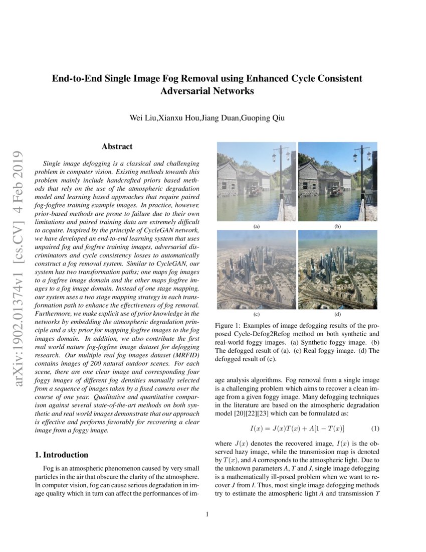 End-to-End Single Image Fog Removal using Enhanced Cycle Consistent ...