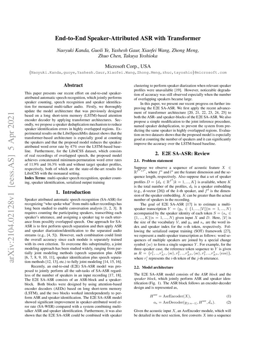 End-to-End Speaker-Attributed ASR with Transformer | DeepAI