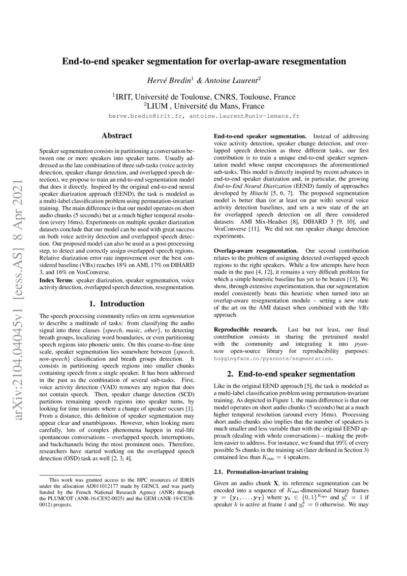 End-to-end speaker segmentation for overlap-aware resegmentation | DeepAI