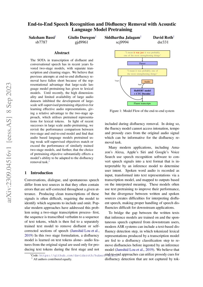 End-to-End Speech Recognition and Disfluency Removal with Acoustic Language Model Pretraining ...