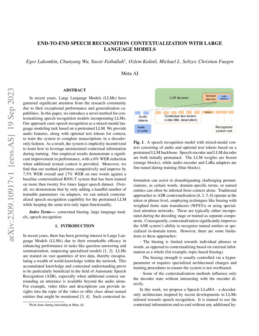 End To End Speech Recognition Contextualization With Large Language Models Deepai
