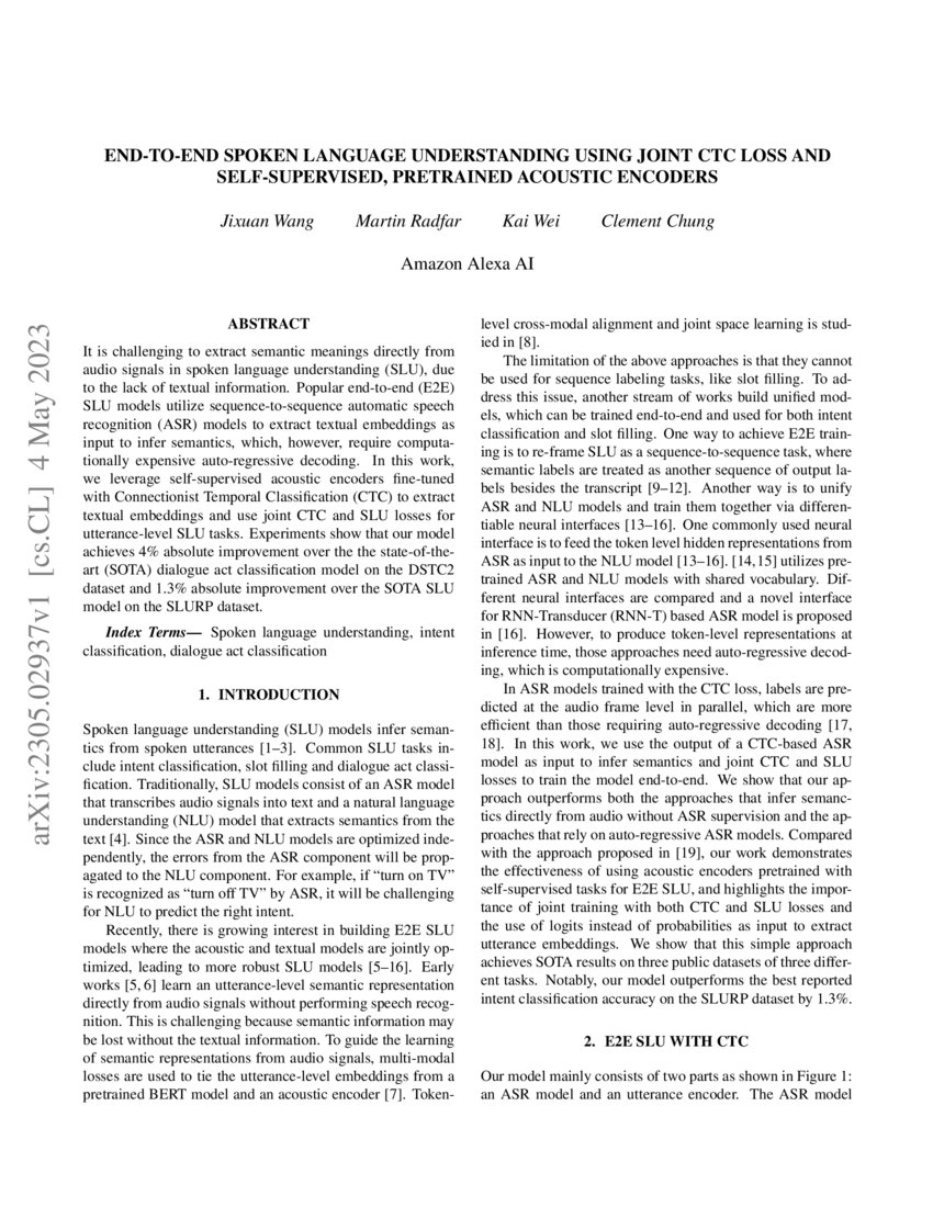 End To End Spoken Language Understanding Using Joint Ctc Loss And Self Supervised Pretrained