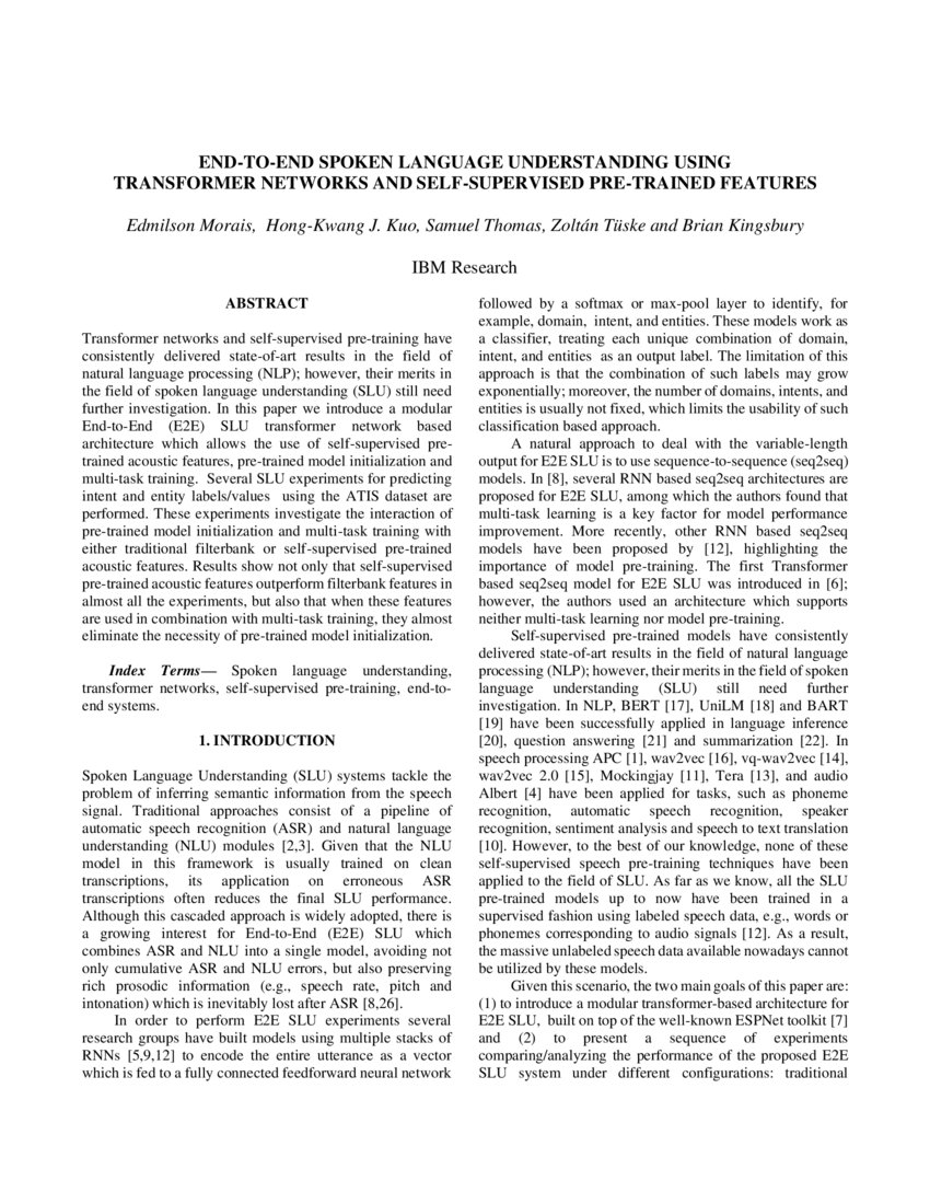 End-to-end spoken language understanding using transformer networks and self-supervised pre ...