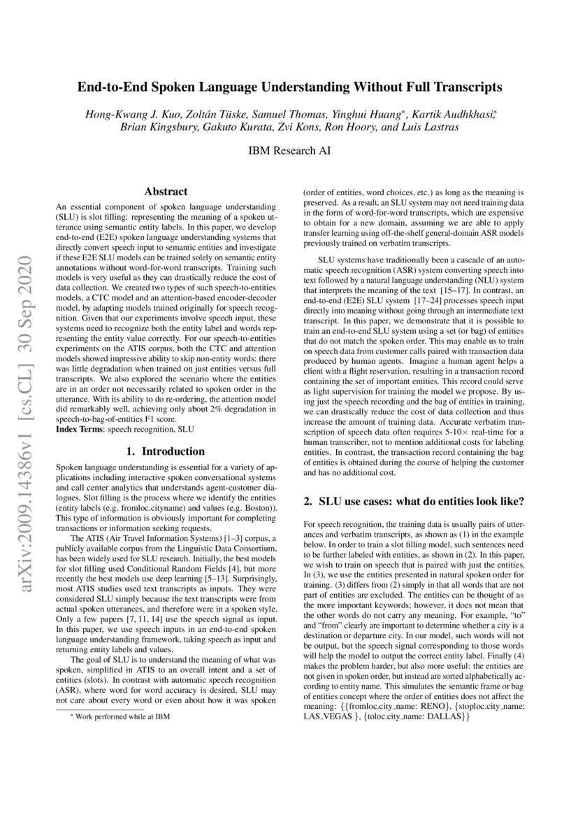 End-to-End Spoken Language Understanding Without Full Transcripts | DeepAI