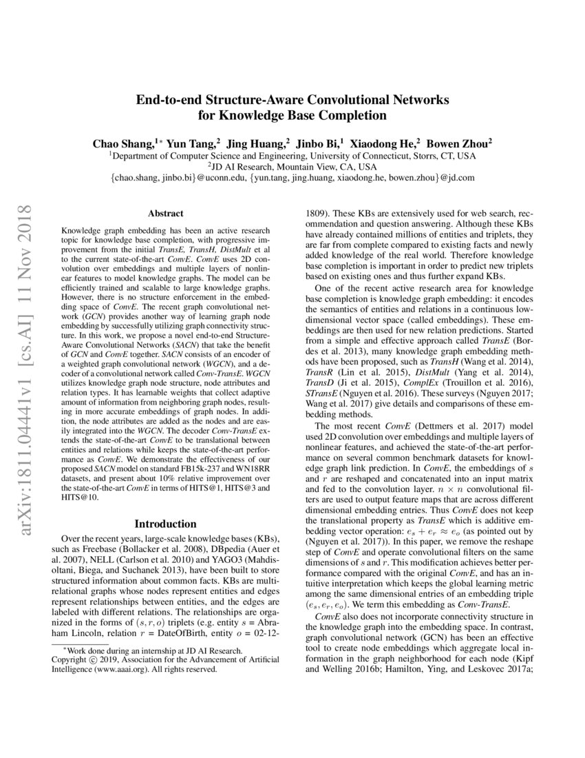 End-to-end Structure-Aware Convolutional Networks for Knowledge Base Completion | DeepAI