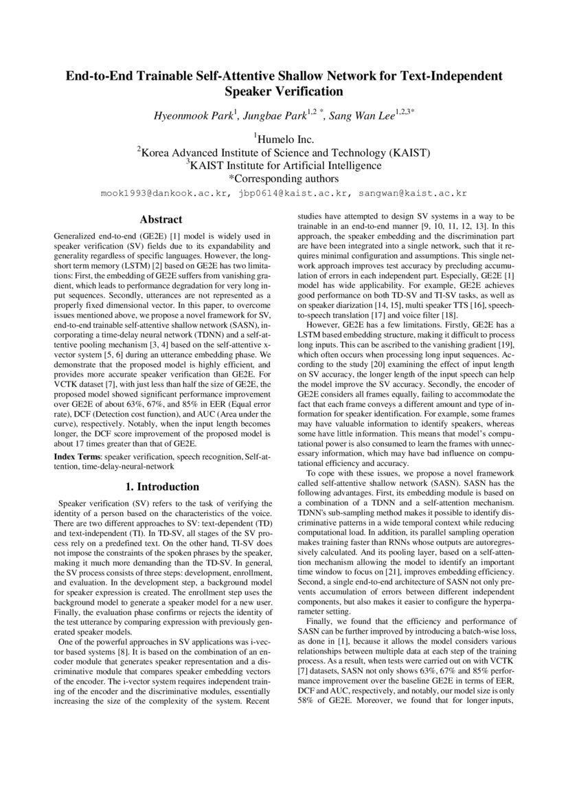 End-to-End Trainable Self-Attentive Shallow Network for Text-Independent Speaker Verification ...