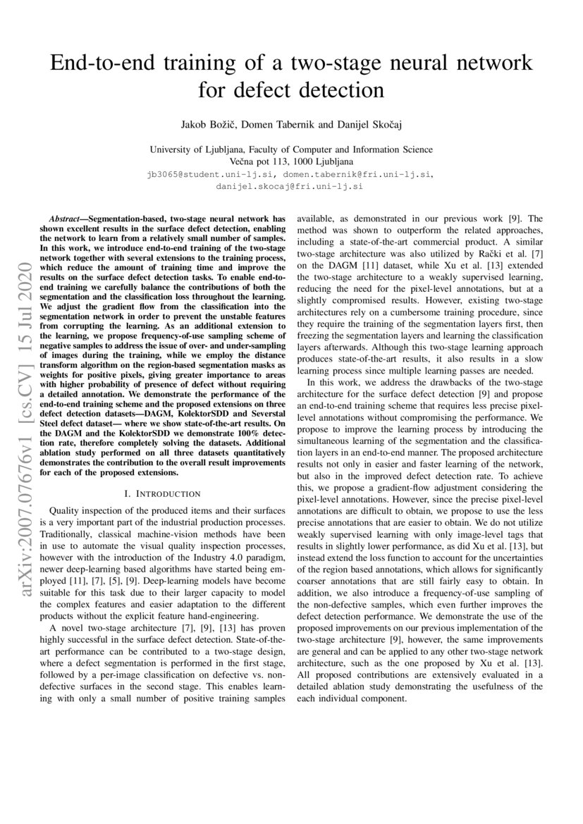 End To End Training Of A Two Stage Neural Network For Defect Detection