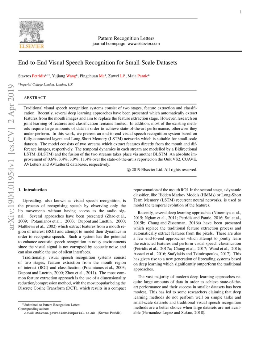 End-to-End Visual Speech Recognition for Small-Scale Datasets | DeepAI