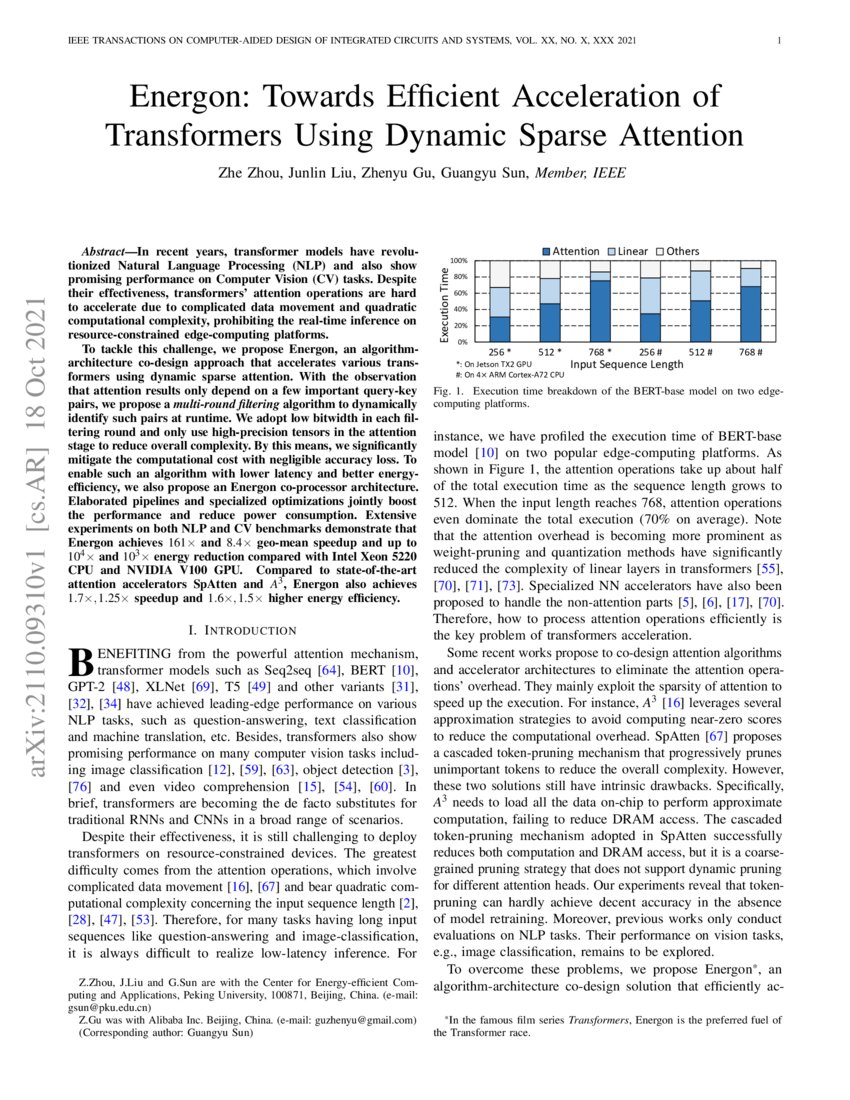 Energon: Towards Efficient Acceleration of Transformers Using Dynamic Sparse Attention | DeepAI