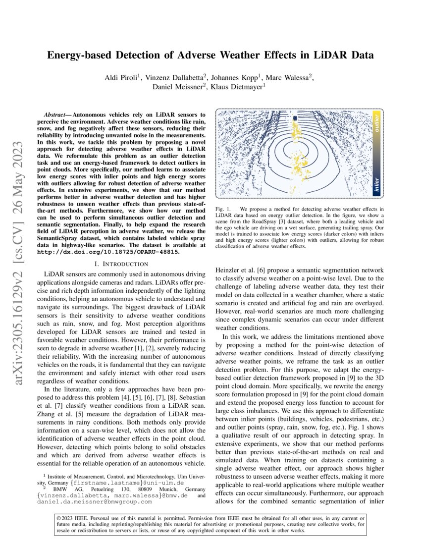 Energy Based Detection Of Adverse Weather Effects In Lidar Data Deepai