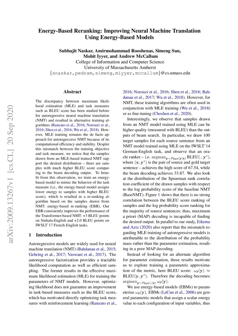 Energy-Based Reranking: Improving Neural Machine Translation Using Energy-Based Models | DeepAI
