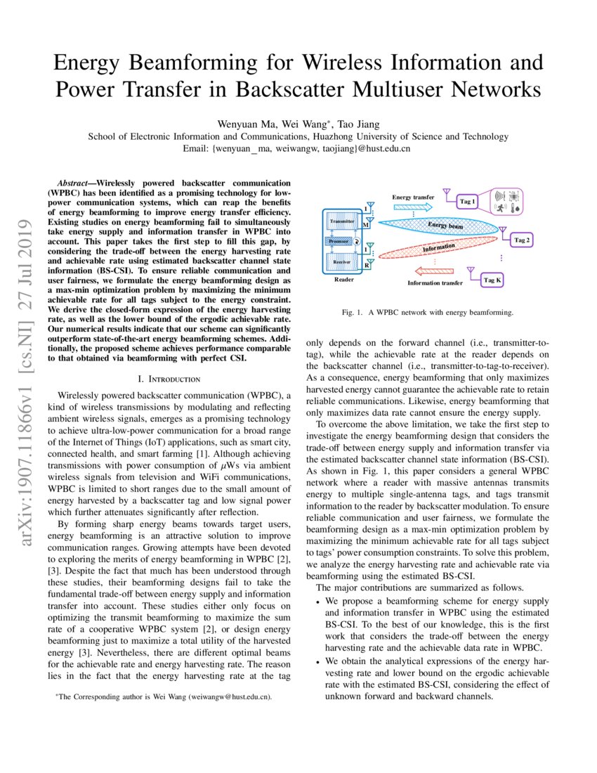 Energy Beamforming For Wireless Information And Power Transfer In