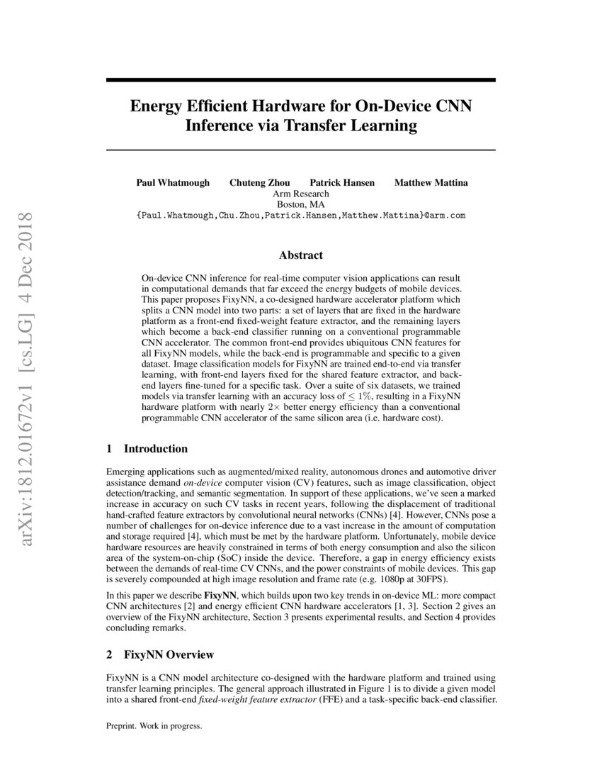 Energy Efficient Hardware For On Device Cnn Inference Via Transfer Learning Deepai