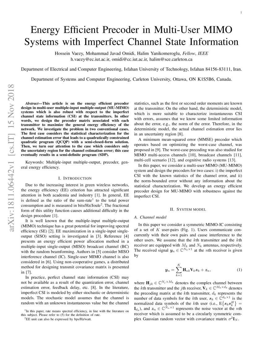 Energy Efficient Precoder In Multi User Mimo Systems With Imperfect