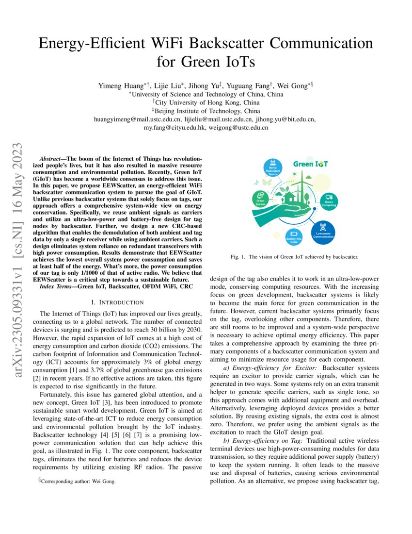 Energy-Efficient WiFi Backscatter Communication for Green IoTs | DeepAI