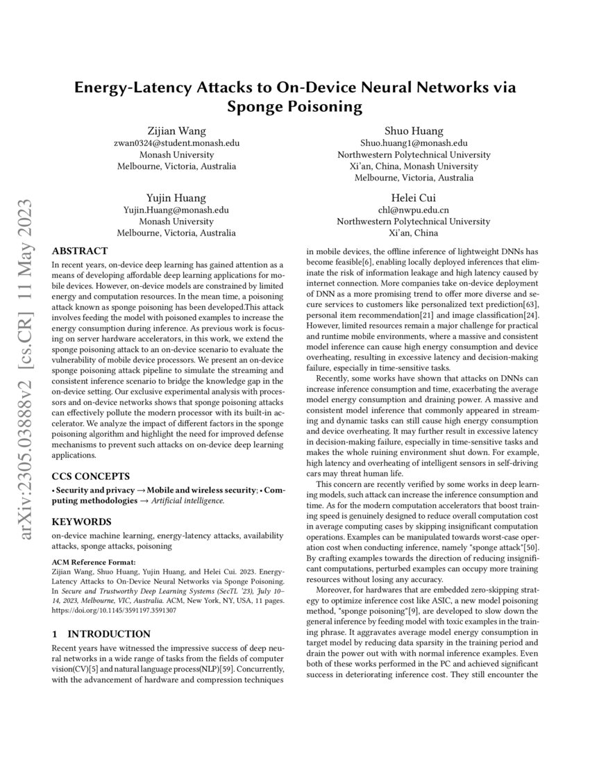 Energy-Latency Attacks to On-Device Neural Networks via Sponge Poisoning | DeepAI